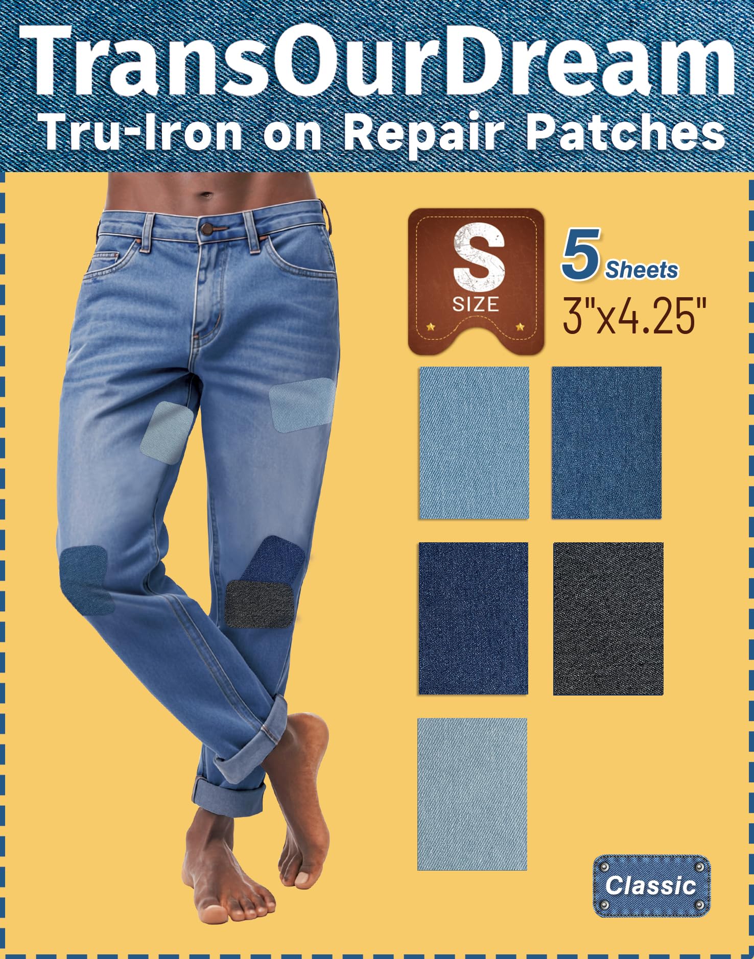 TransOurDream Tru-Iron on Patches for Jeans 5pcs (3″ by 4-1/4″, Size S ...